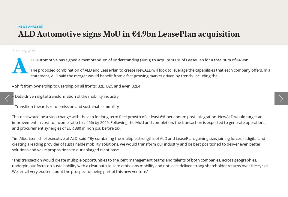 ALD Automotive signs MoU in €4.9bn LeasePlan acquisition - MF ...